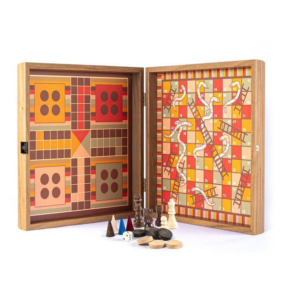 Chess/Backgammon/Ludo/Snakes Rainbow Walnut replica wooden case