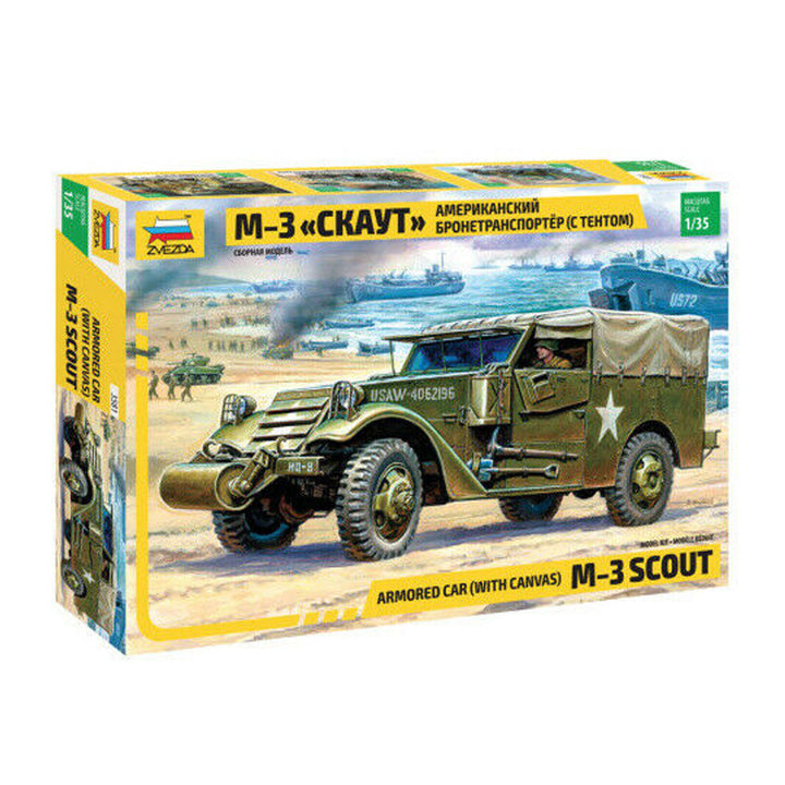 Zvezda 1/35 Armored Car (with Canvas) M3 Scout Plastic Model Kit – Hobbyco